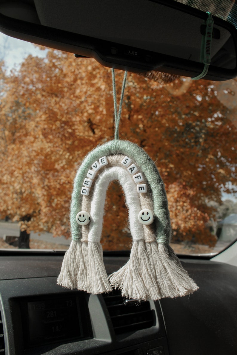 Drive Safe Brown and Blue Smiley Face Macrame Rainbow Car - Etsy
