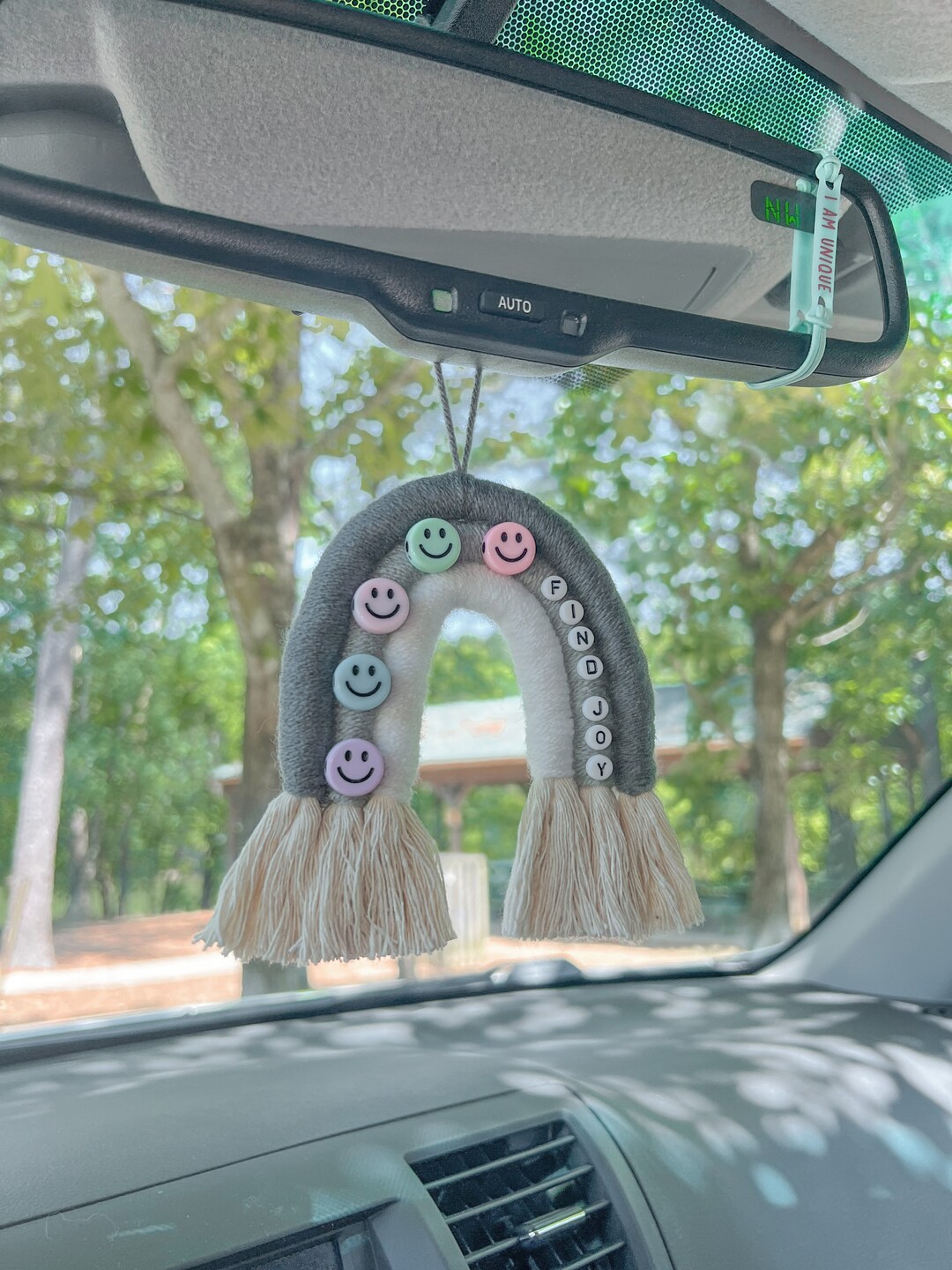 Find Joy Grey Ombré Smiley Face Macrame Rainbow Car Charm/decor/ Rear ...