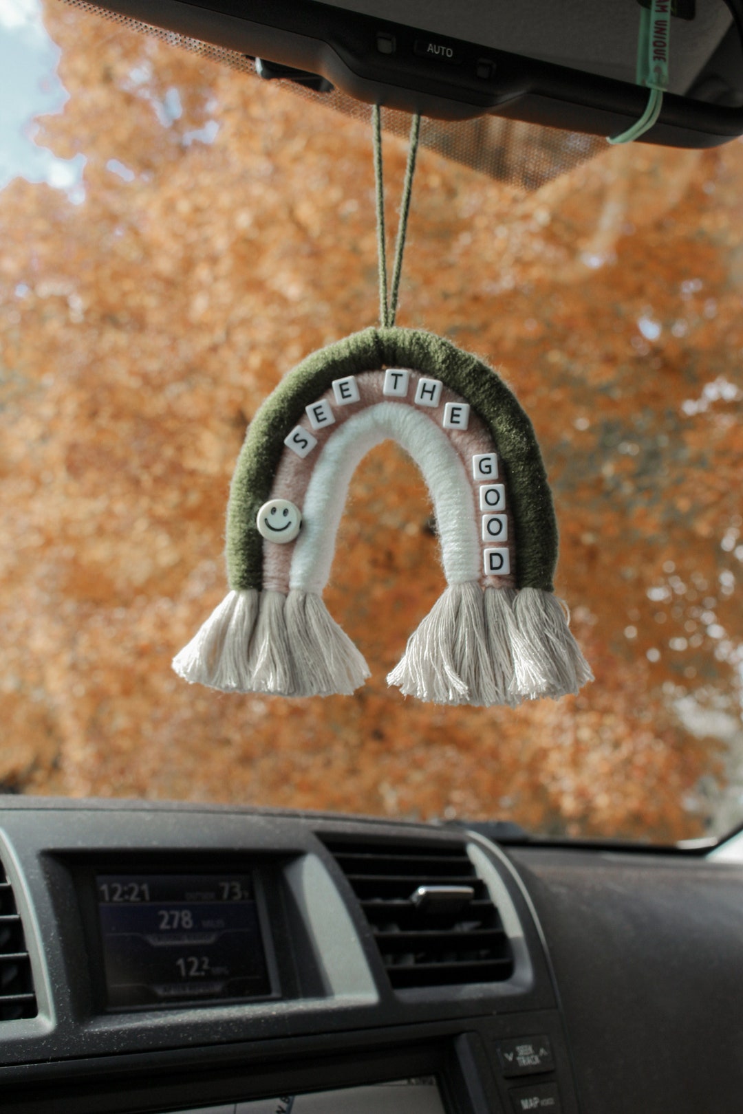 See the Good Green & Pink Smiley Face Macrame Rainbow Car - Etsy