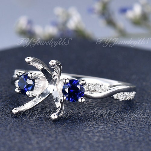 White Gold Engagement Ring Setting Three Stone Lab Sapphire - Etsy
