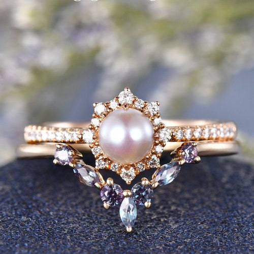 Pearl Engagement Ring Set Rose Gold Pink Akoya Pearl Bridal - Etsy