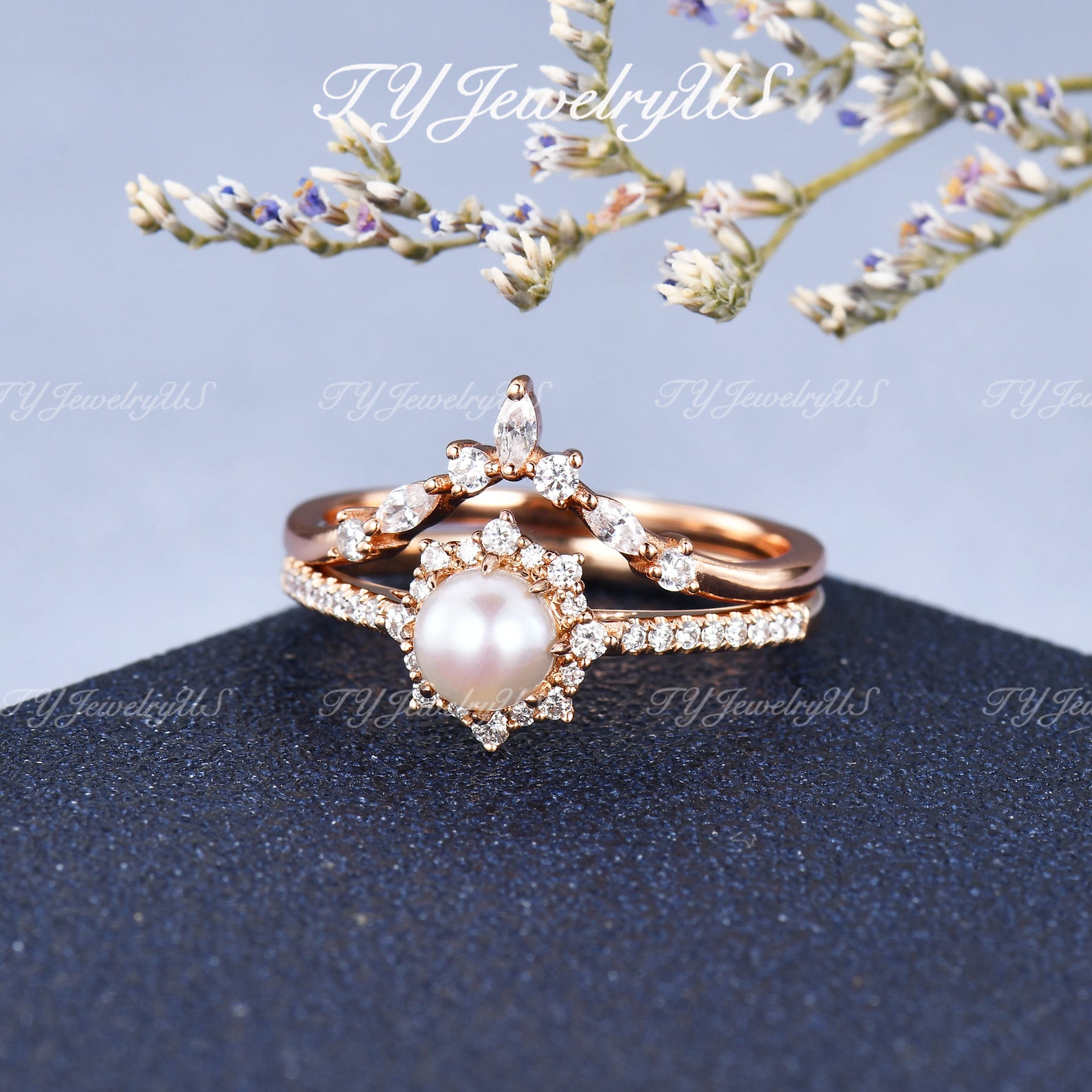 Pearl Engagement Ring Set Woman Rose Gold Natural Akoya Pearl Bridal ...