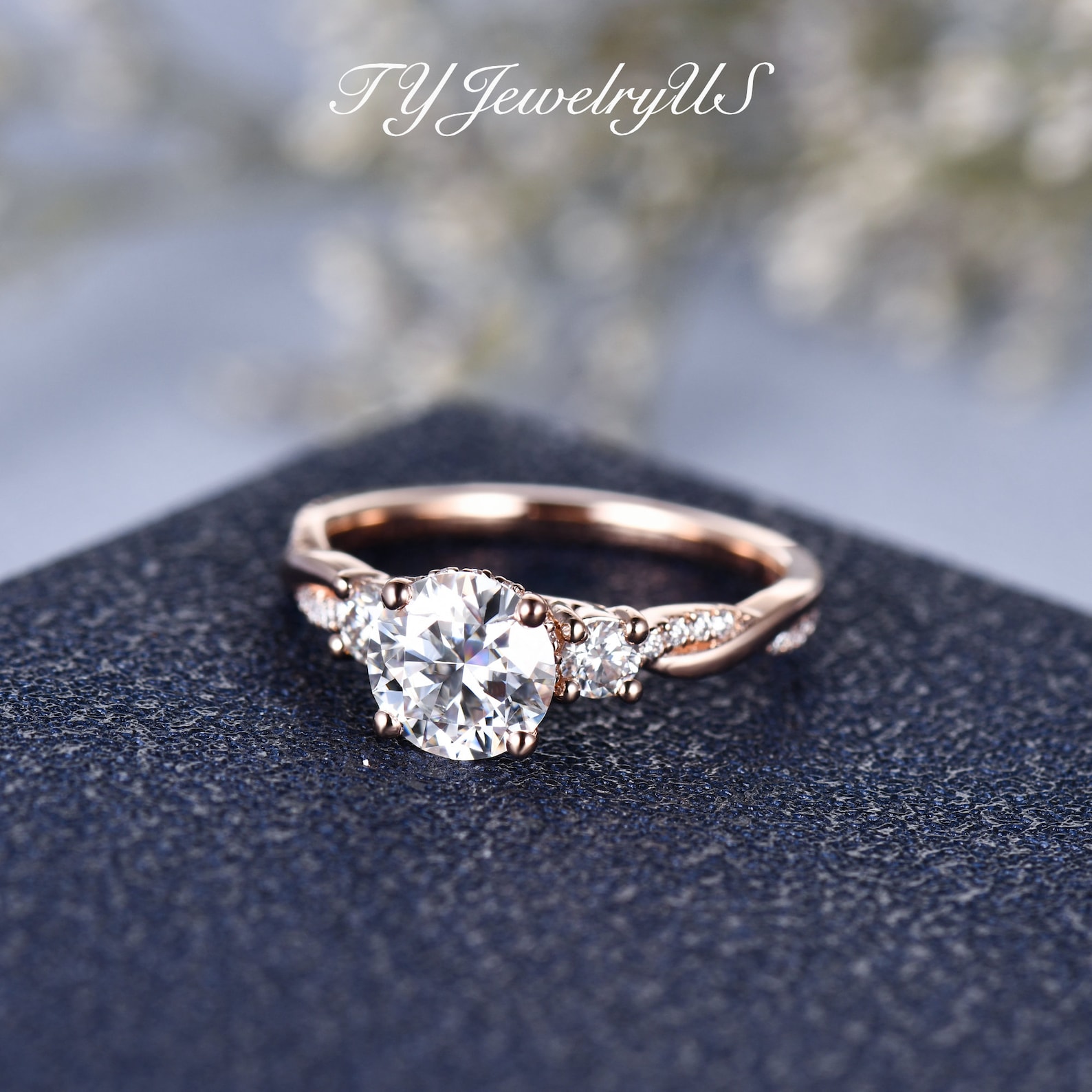 Hidden Halo Ring Three Stone Moissanite Engagement Ring Infinity Rose ...