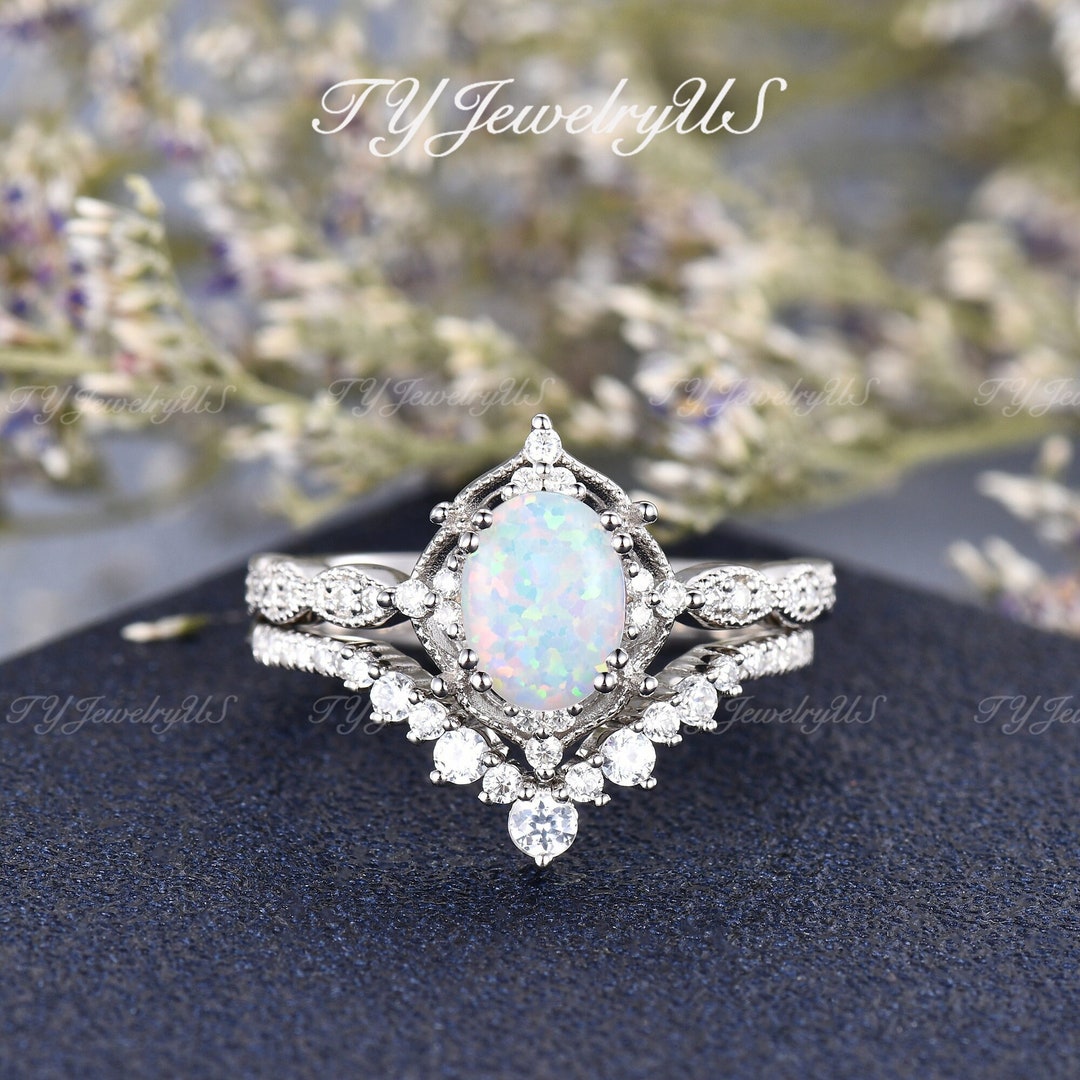Custom Opal Engagement Ring Opal Wedding Ring Set Art Deco Milgrain Vine Ring Diamond Halo Ring ...