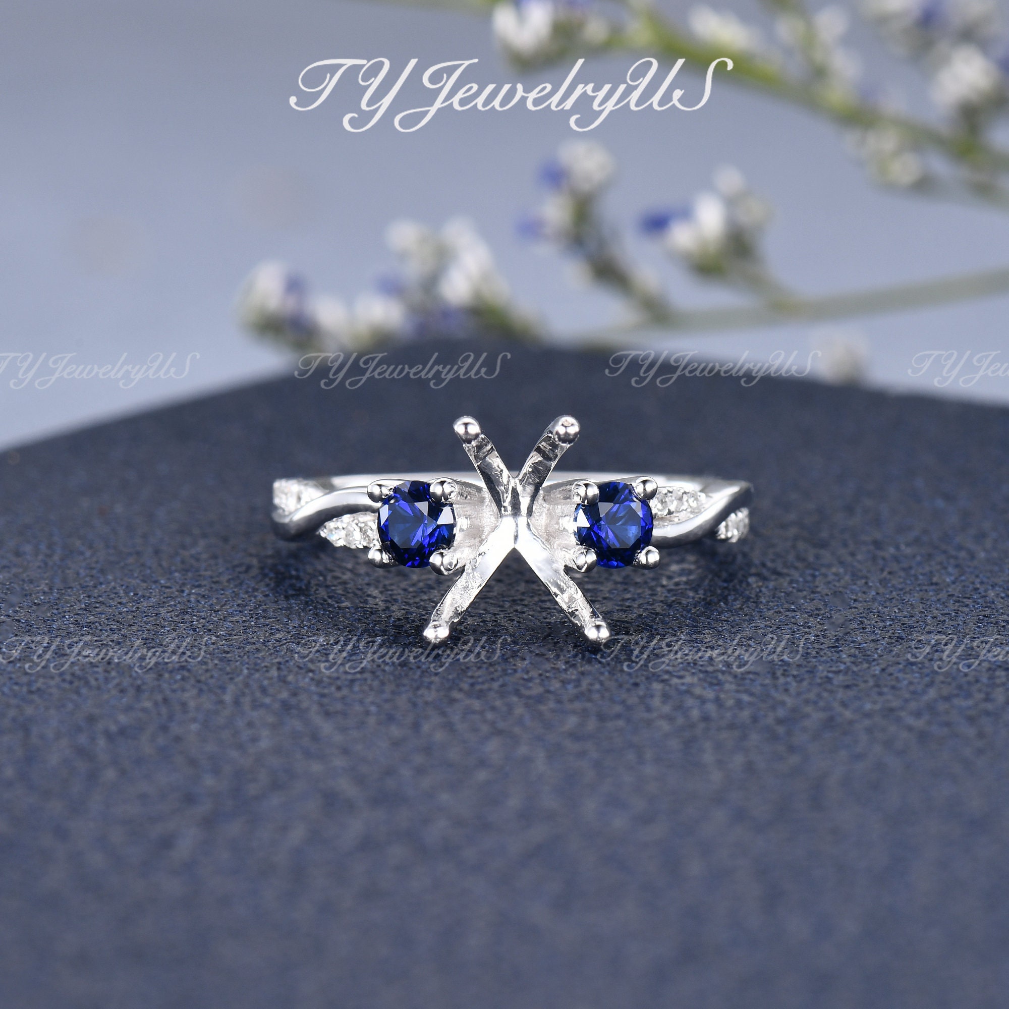 White Gold Engagement Ring Setting Three Stone Lab Sapphire | Etsy