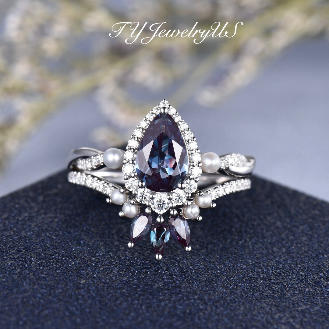 Alexandrite Engagement Ring Set White Gold Alexandrite Bridal - Etsy