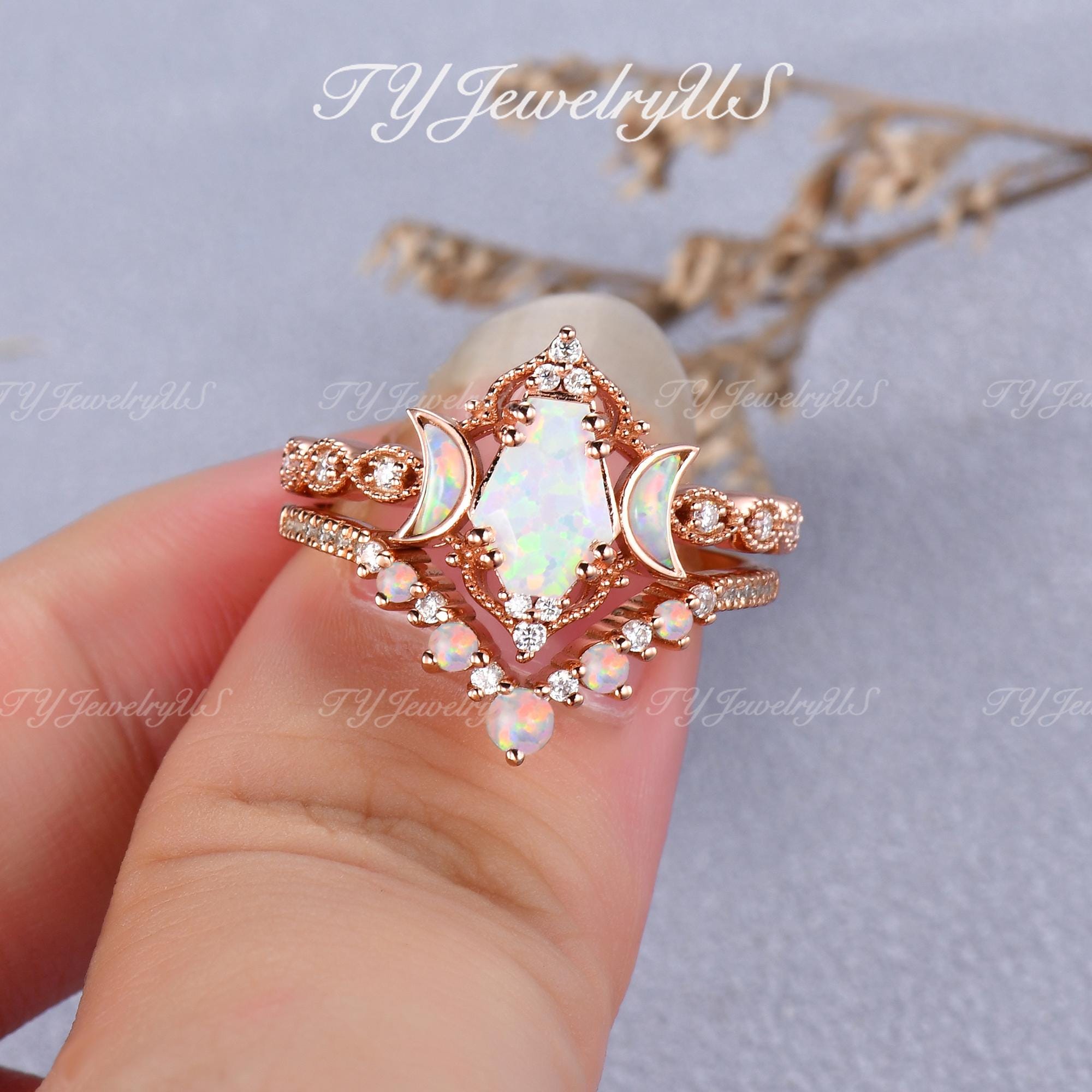 Coffin Cut Opal Engagement Ring Set Rose Gold Moon Bridal Set Fire ...