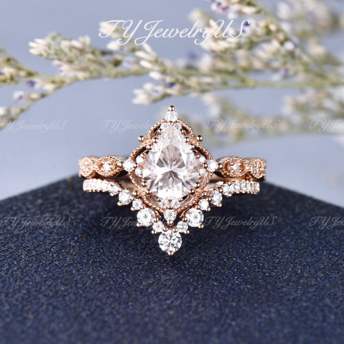 Cluster Moissanite Engagement Ring Set Vintage White Gold Pear - Etsy