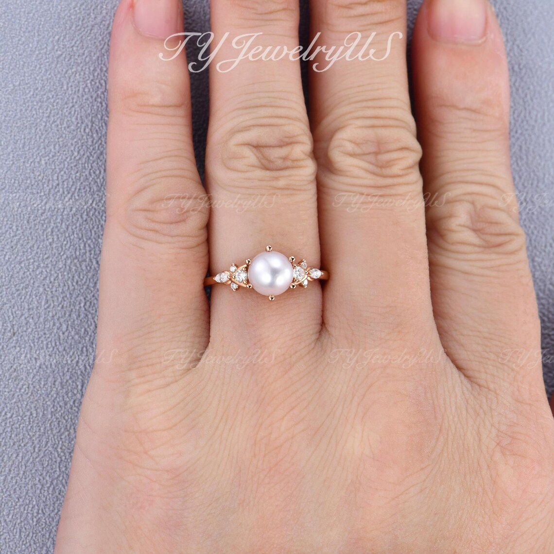 Rose Gold Natural Pearl Engagement Ring 7mm Round Pearl Bridal Ring ...