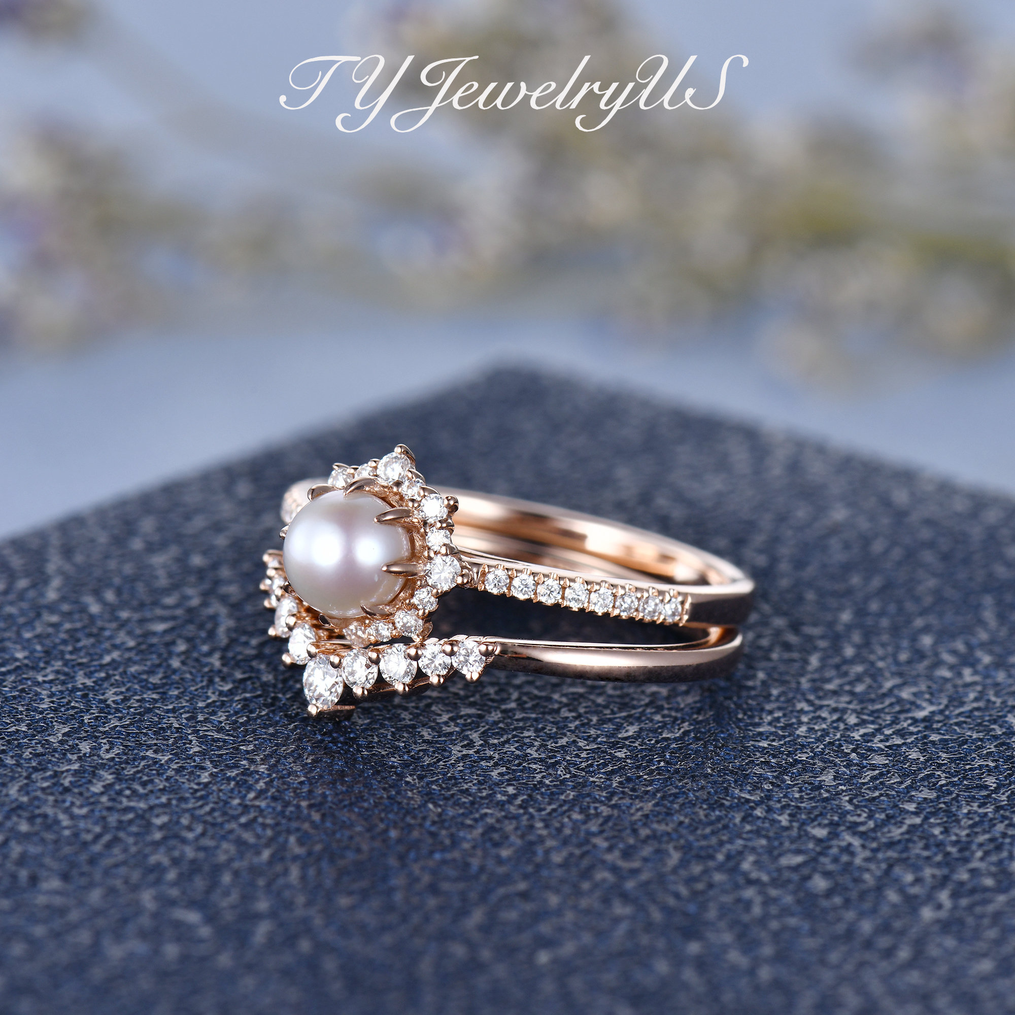 Pearl Engagement Ring Set Rose Gold Pink Akoya Pearl Bridal Set June ...