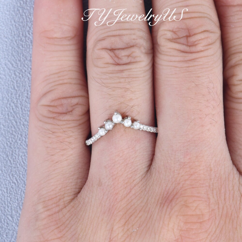 Pearl Wedding Band Women White Gold Wedding Band Diamond - Etsy