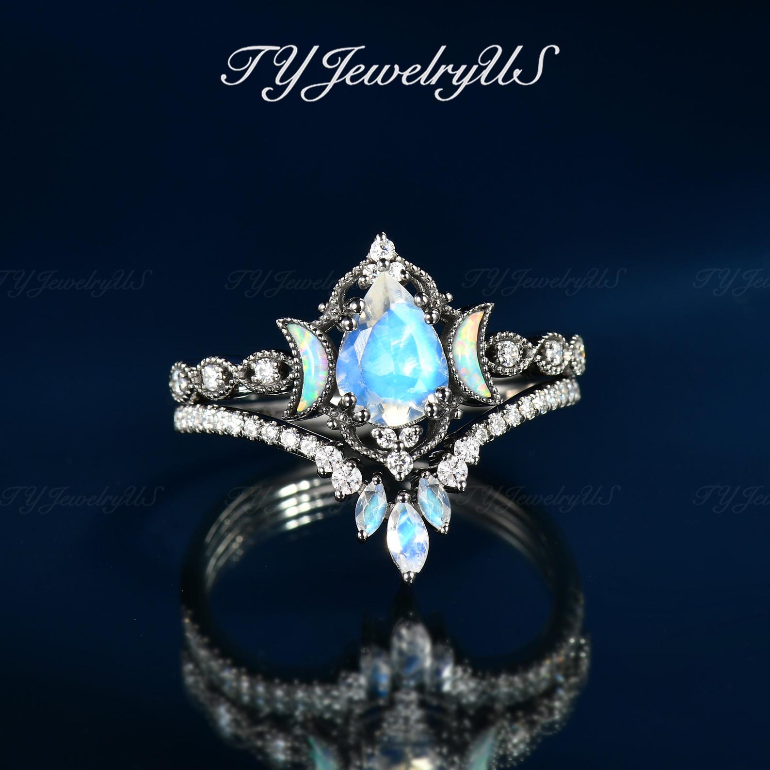 Pear Moonstone Engagement Ring Set 2pcs Black Gold Crescent Moon Opal ...