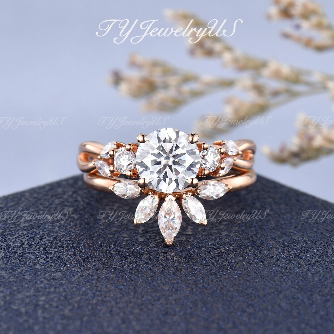 7mm Round Moissanite Engagement Ring Unique Moissanite Bridal Set Rose ...