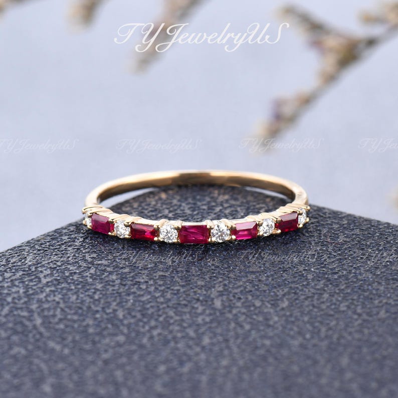 Ruby Baguette Eternity Band 14k Yellow Gold Diamond Stacking Ring Ruby ...