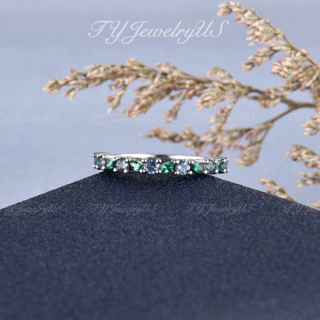 Unique Lab Alexandrite Wedding Band Marquise Cut Lab Emerald Alternate ...