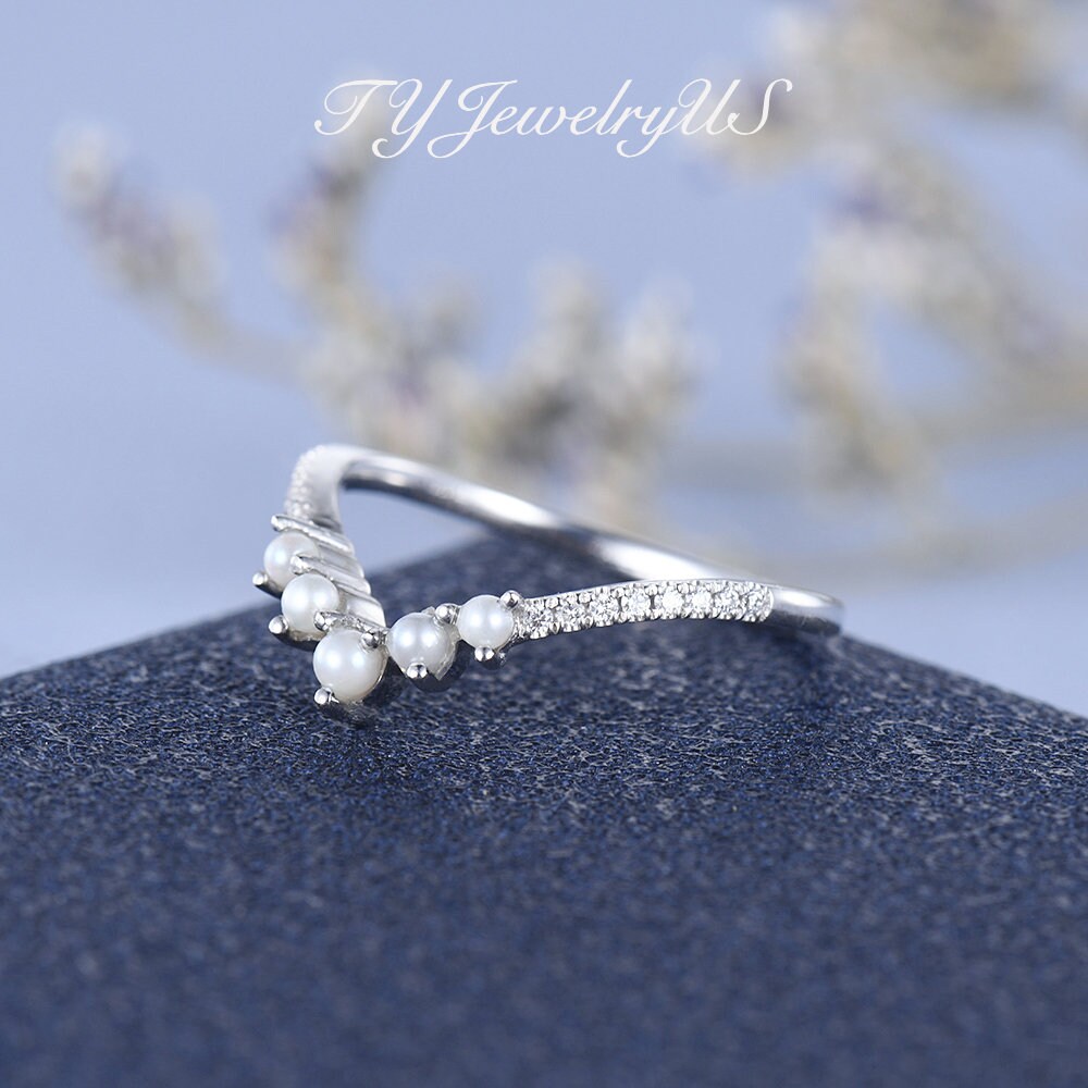 Pearl Wedding Band Women White Gold Wedding Band Diamond - Etsy