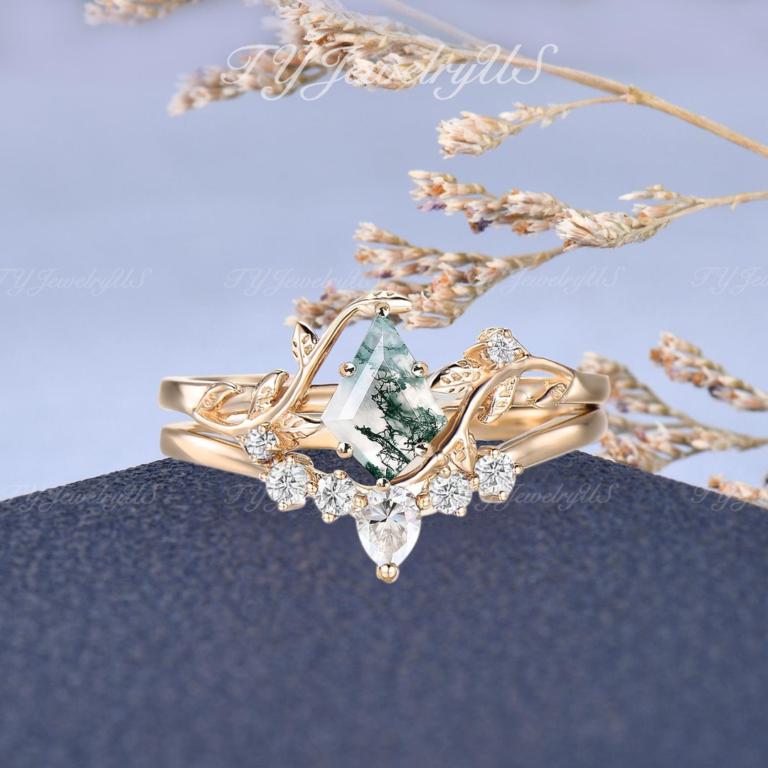 Unique Kite Shaped Natural Moss Agate Engagement Ring 2pcs Dainty ...
