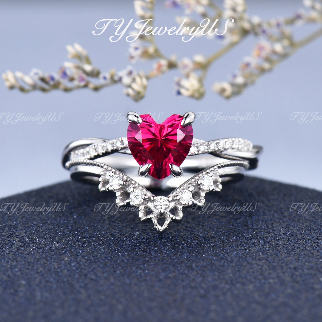 7mm Heart Shaped Ruby Engagement Ring Set White Gold Solitaire Bridal ...