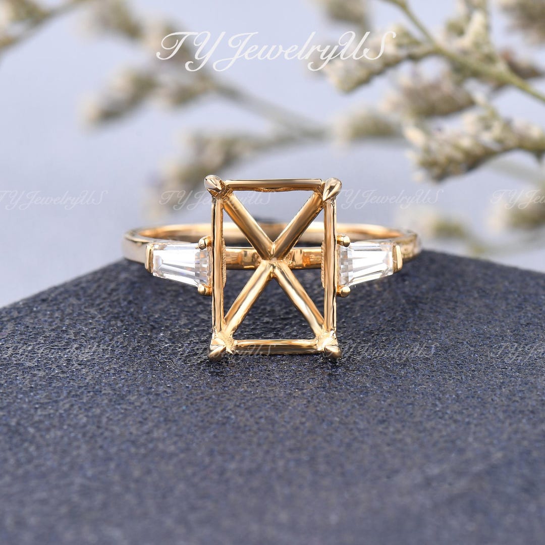Emerald Cut Ring Setting Yellow Gold Baguette Diamond Engagement Ring ...