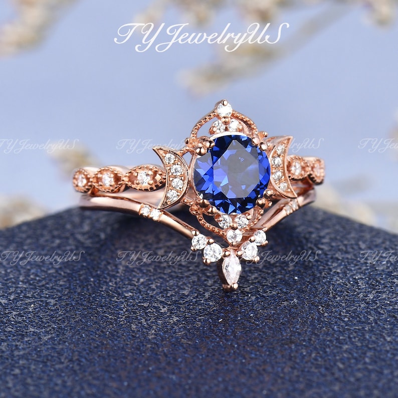 Sailor Moon Sapphire Engagement Ring Set Vine Moon Lab - Etsy