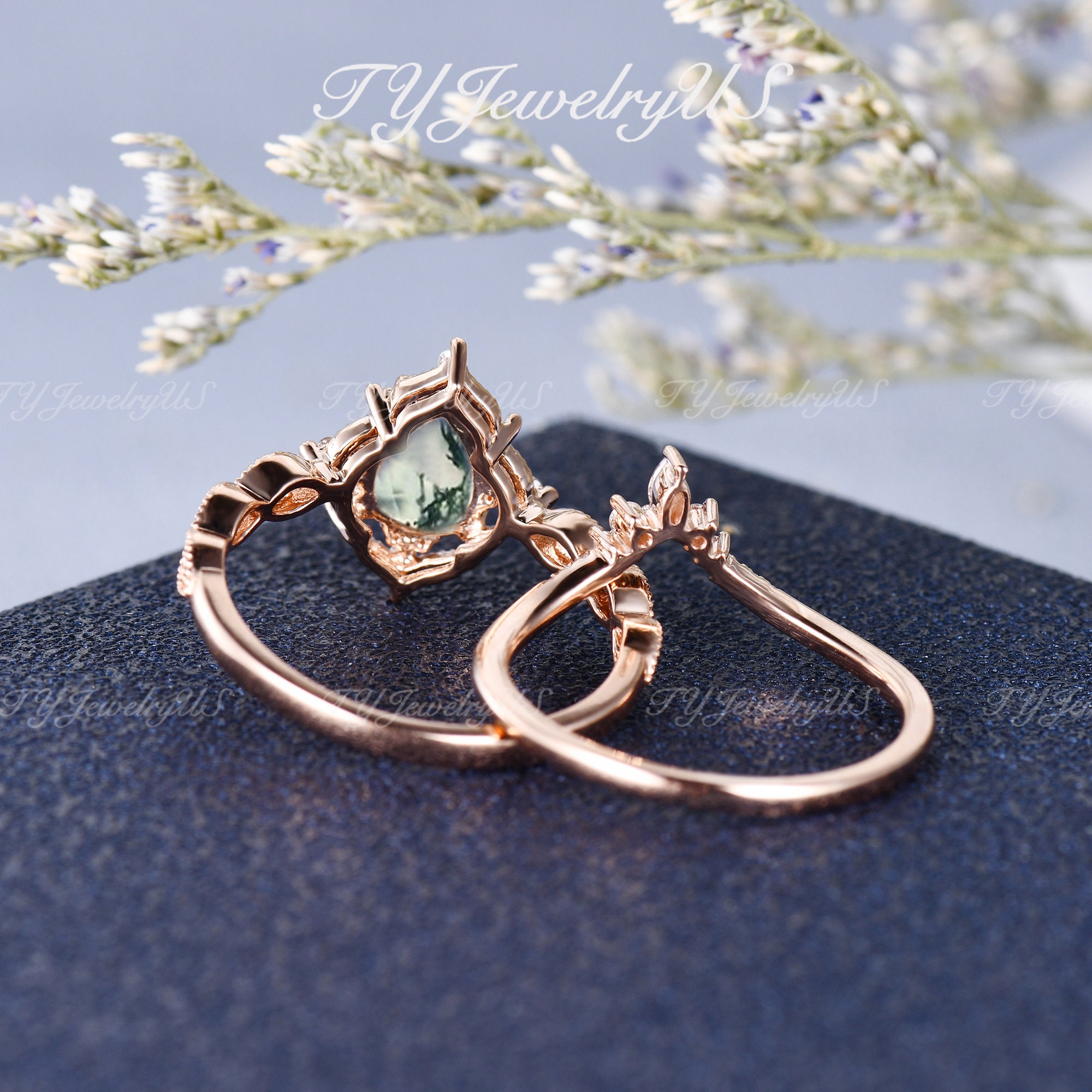 Sailor Moon Moss Agate Engagement Ring Set Pear Cut Green Crystal ...