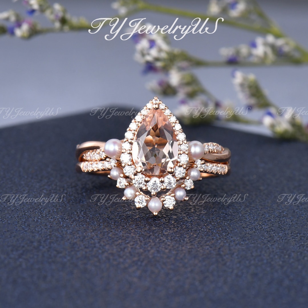 Natural Peachy Morganite Engagement Ring Set Tear Drop Morganite Rose ...