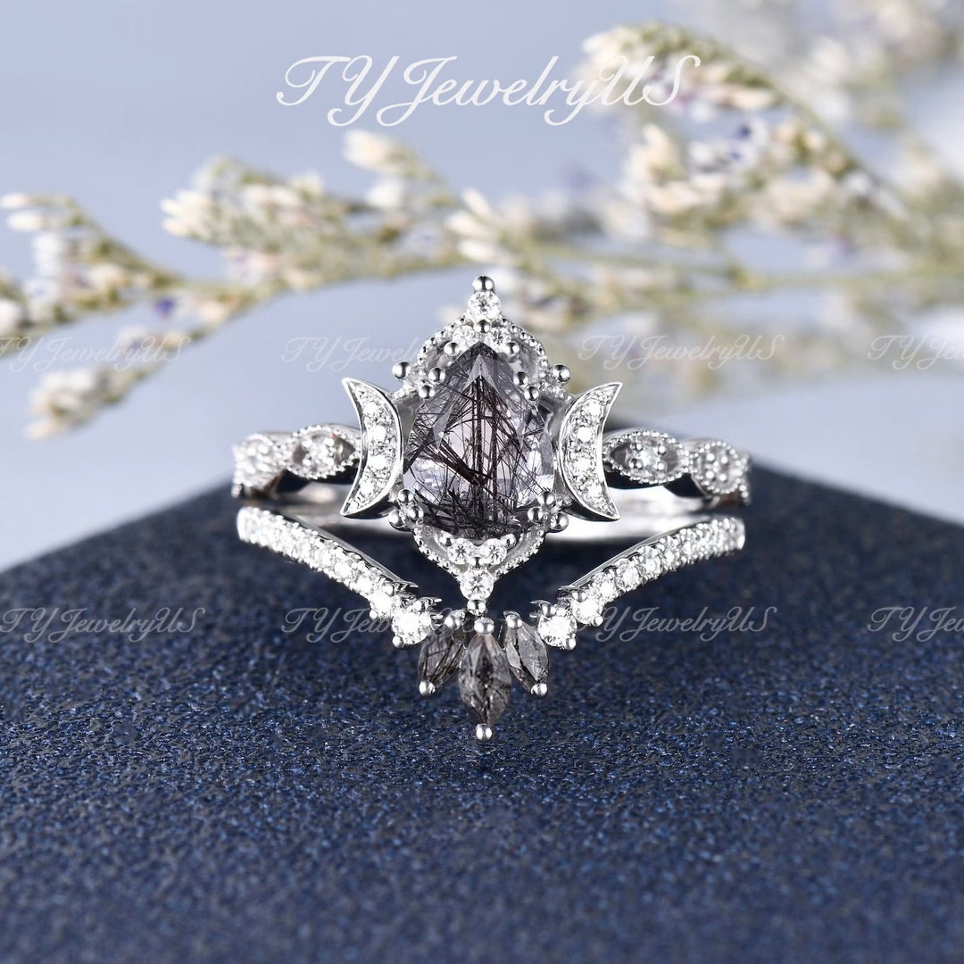 Black Crystal Engagement Ring Set White Gold Bridal Set Cluster Quartz ...