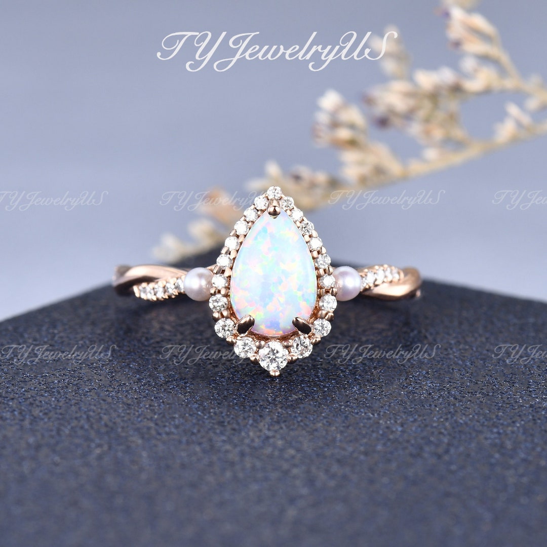 Pearl Opal Engagement Ring Rose Gold Woman Pear Shaped Lab Opal Wedding ...