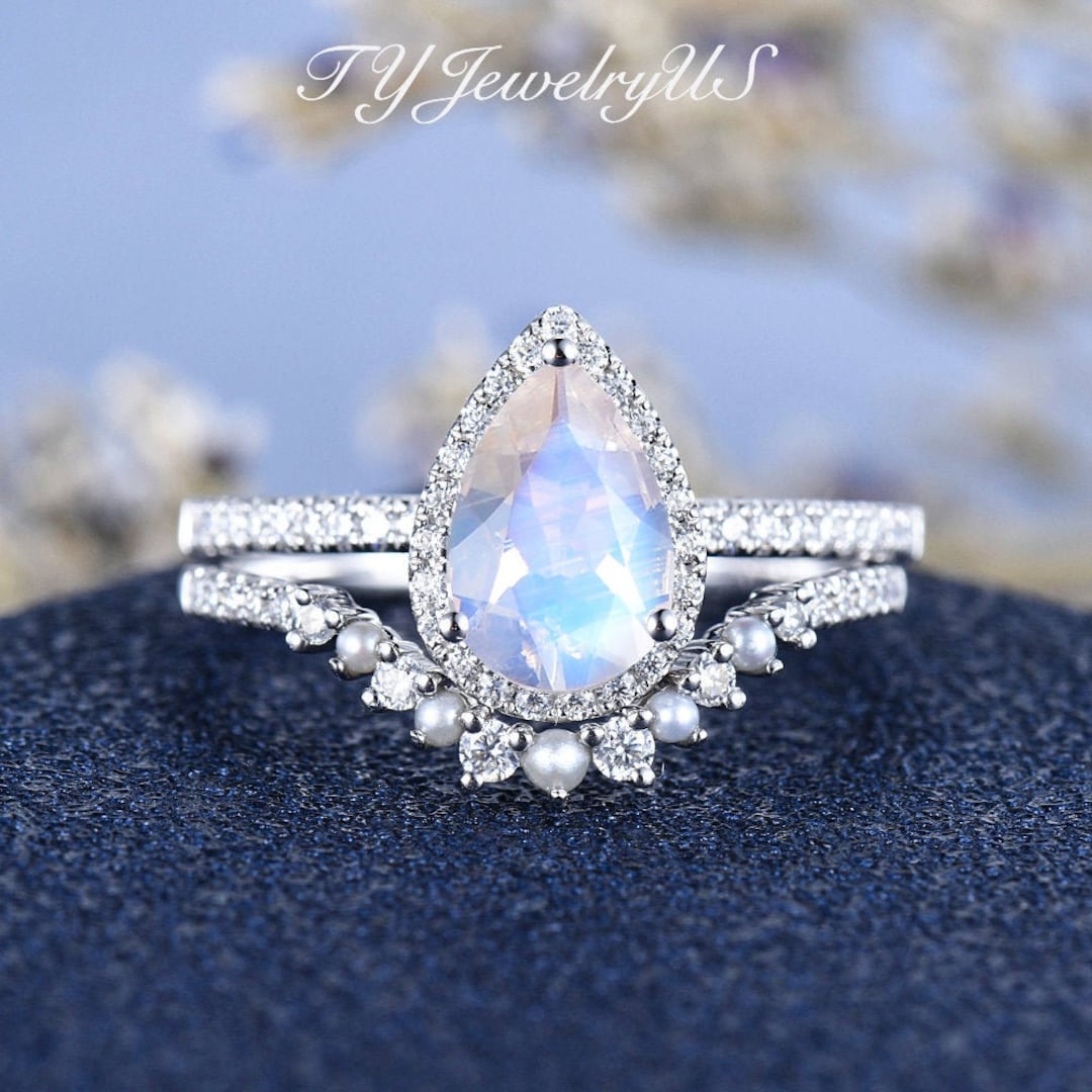 Pear Shaped Engagement Ring White Gold Bridal Set 2pcs Moonstone Ring ...