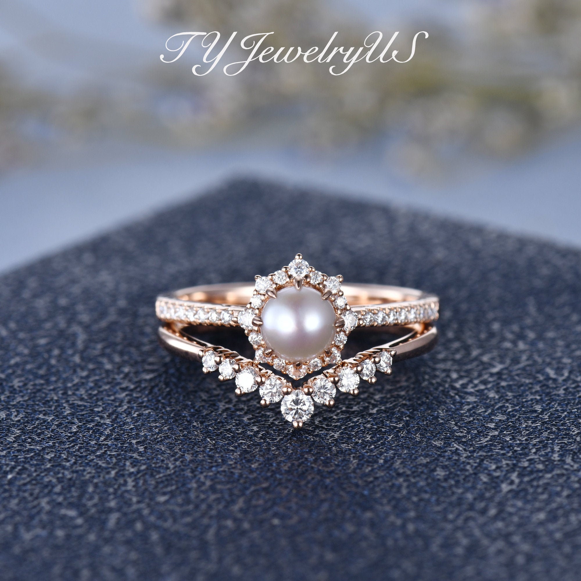 Pearl Engagement Ring Set Rose Gold Pink Akoya Pearl Bridal - Etsy