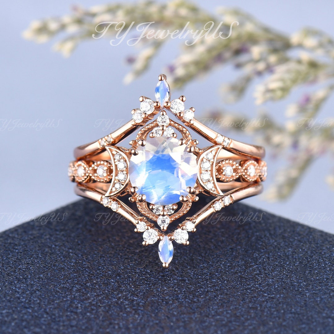 Rose Gold Natural Moonstone Engagement Ring Set 3pcs Art Deco Cluster ...