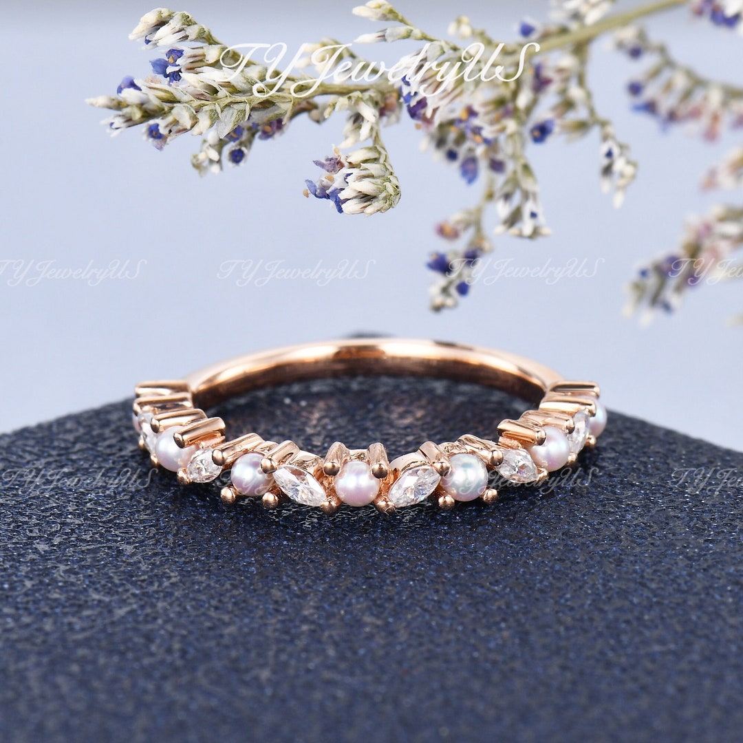 Natural Pearl Wedding Band Woman Rose Gold Half Eternity Band Woman ...