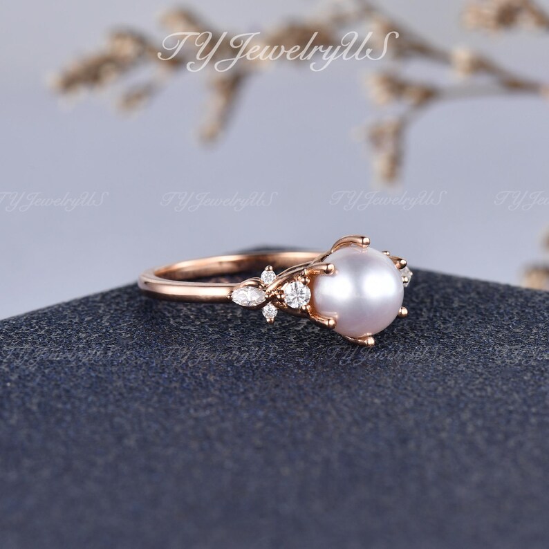 Rose Gold Natural Pearl Engagement Ring 7mm Round Pearl Bridal Ring ...