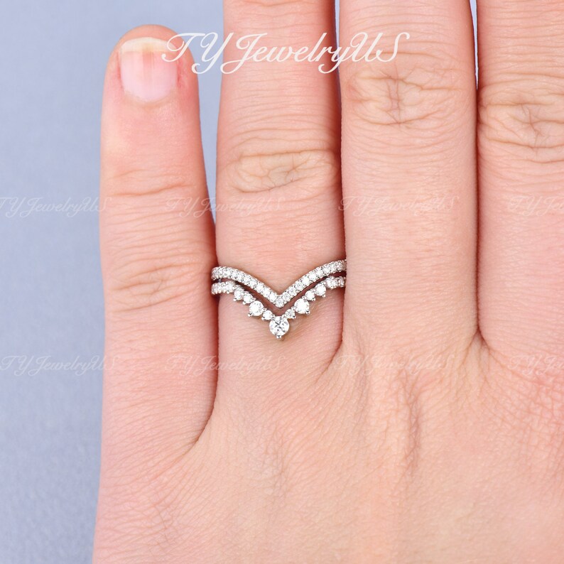 White Gold Diamond Curved Wedding Band 2pcs Unique Gradient Custom Ring ...