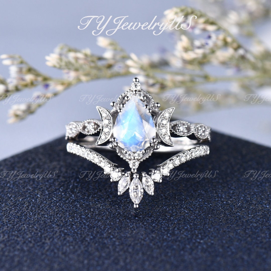 Moon Engagement Ring Set Pear Moonstone Ring White Gold Bridal Ring Set ...