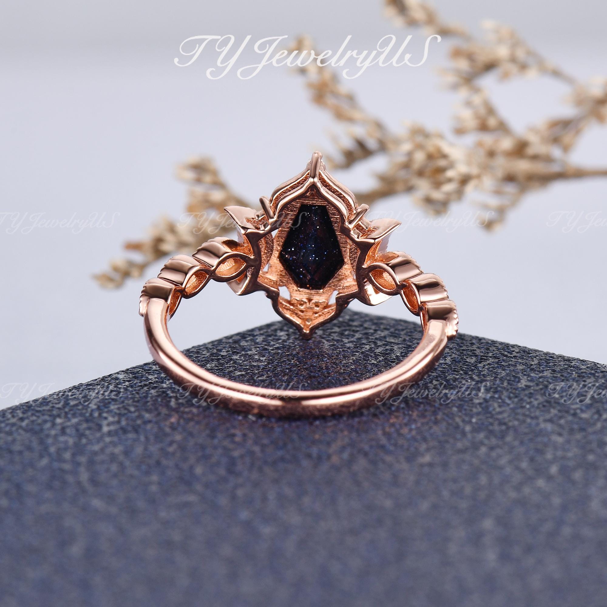 Moon Blue Sandstone Ring Coffin Cut Blue Goldstone Engagement Ring Rose ...