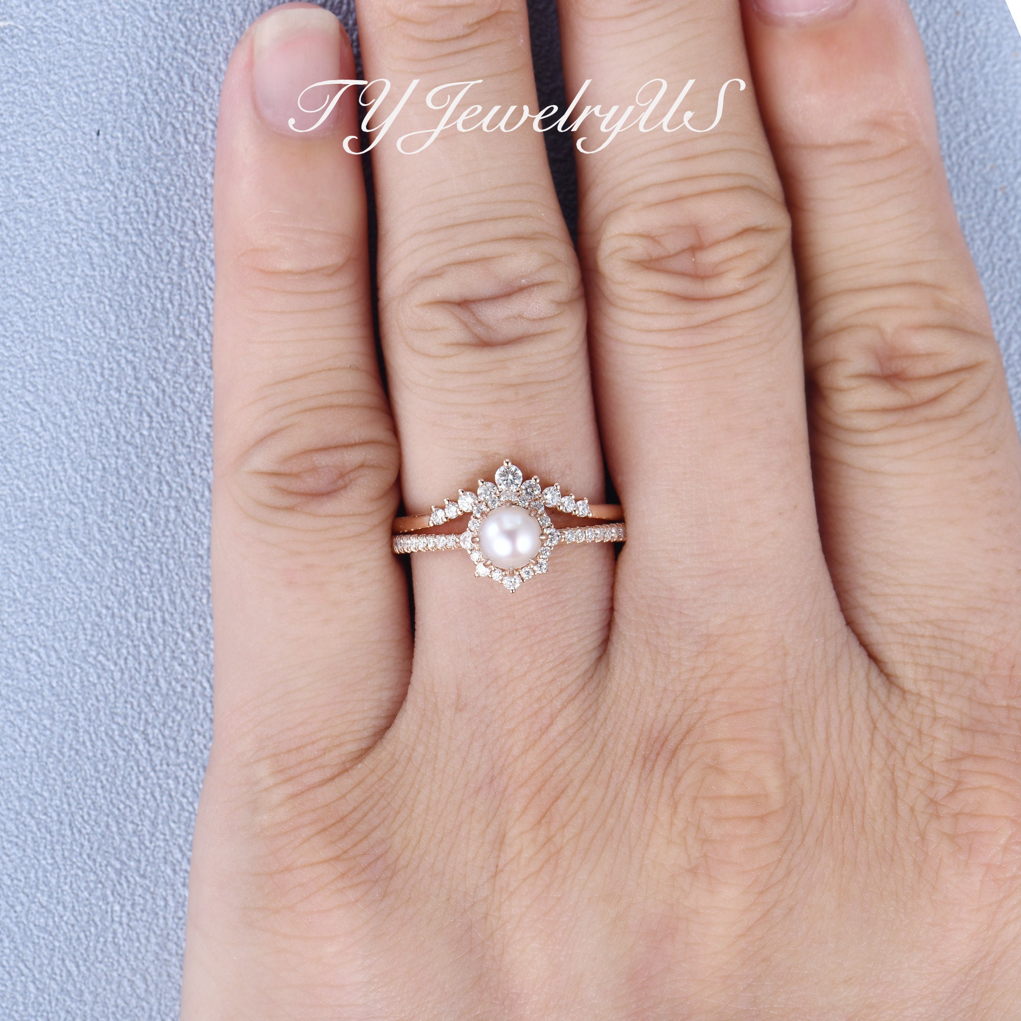 Pearl Engagement Ring Set Rose Gold Pink Akoya Pearl Bridal Set June ...