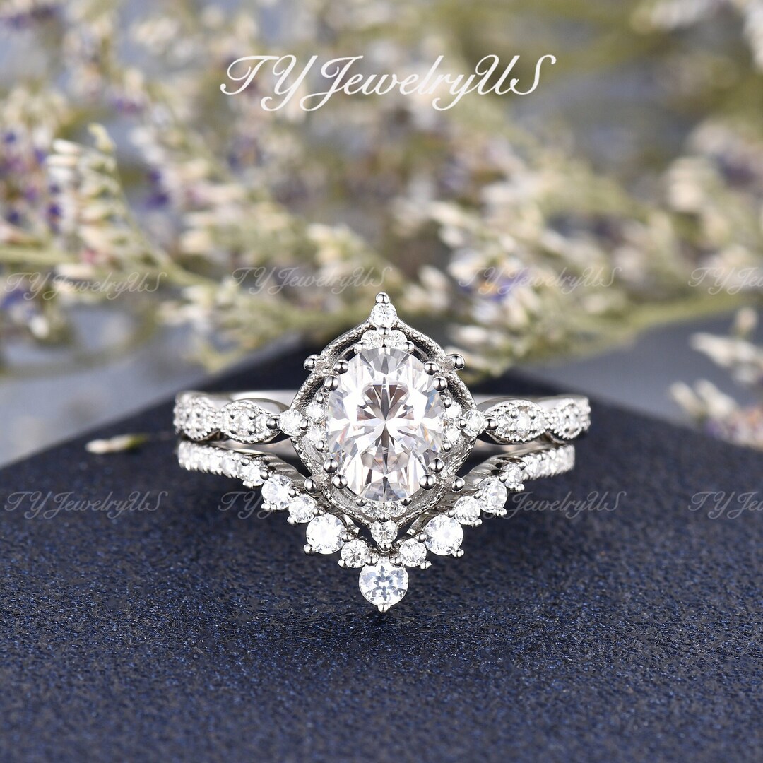 1.5CT Vintage Moissanite Engagement Set White Gold Oval Cut Cluster ...