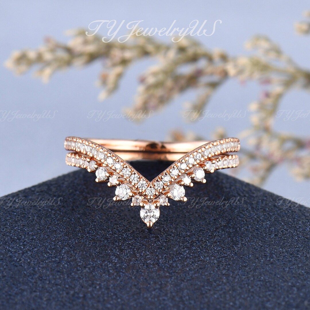 White Gold Diamond Curved Wedding Band 2pcs Unique Gradient Custom Ring ...