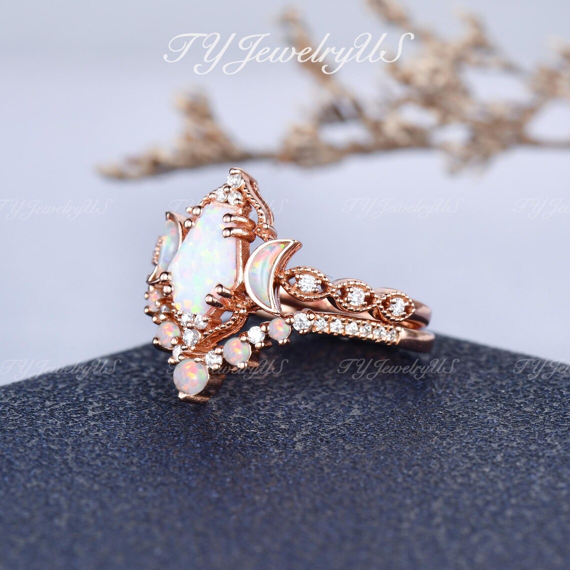 Coffin Cut Opal Engagement Ring Set Rose Gold Moon Bridal Set Fire ...