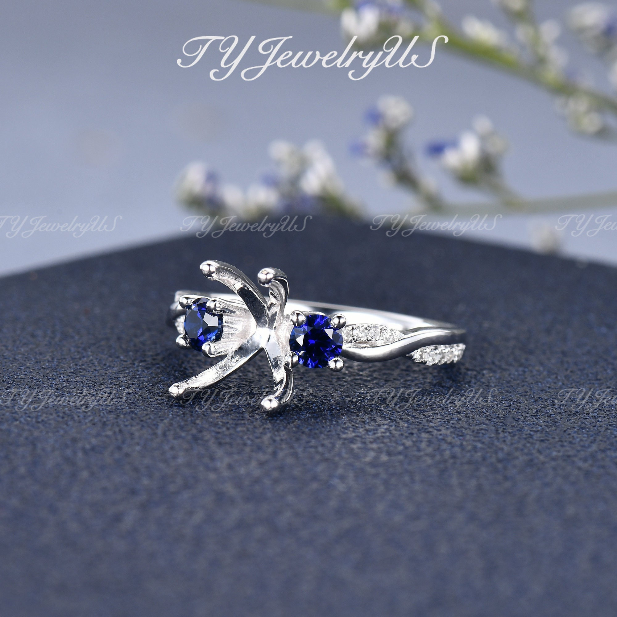 White Gold Engagement Ring Setting Three Stone Lab Sapphire | Etsy