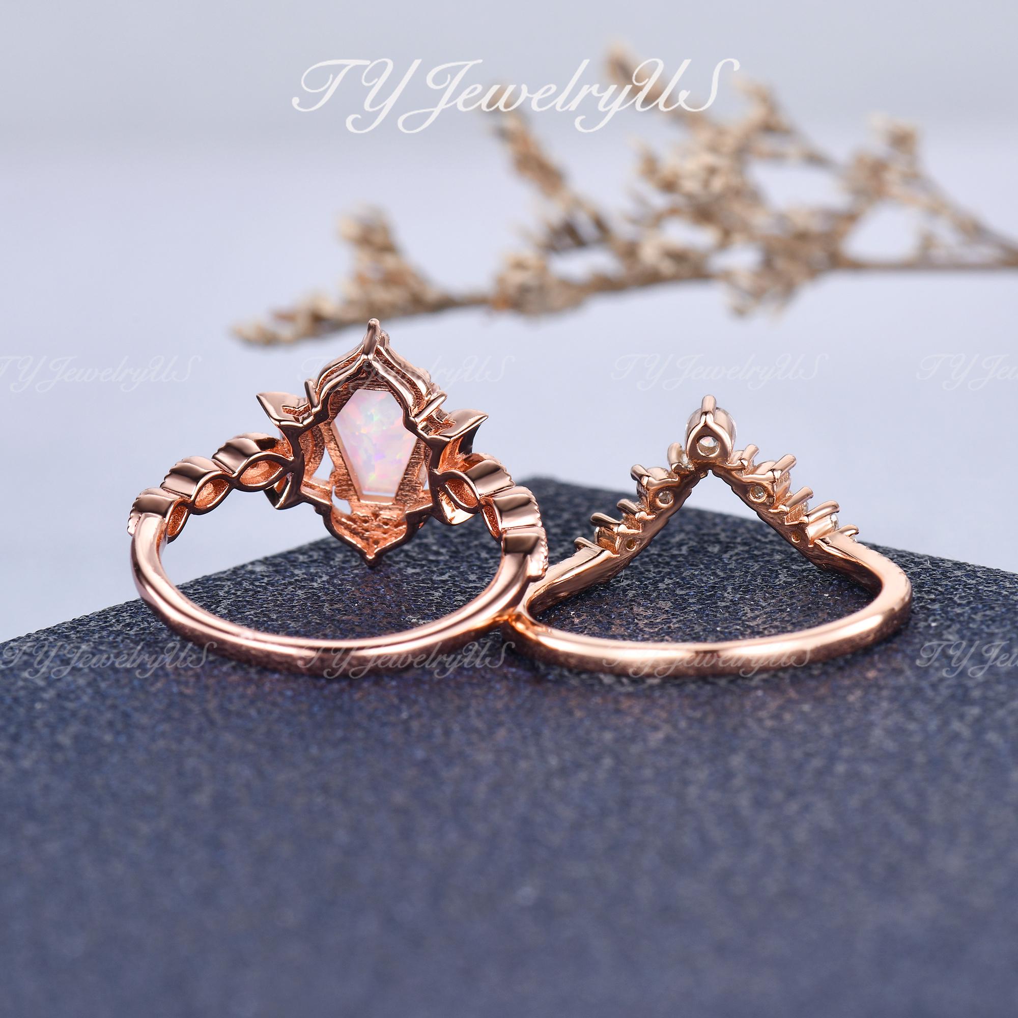 Coffin Cut Opal Engagement Ring Set Rose Gold Moon Bridal Set Fire ...