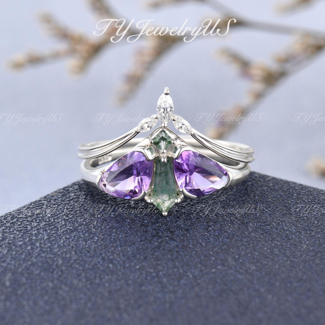 Art Deco Moth Amethyst Engagement Ring White Gold Bridal Ring Set Kite ...