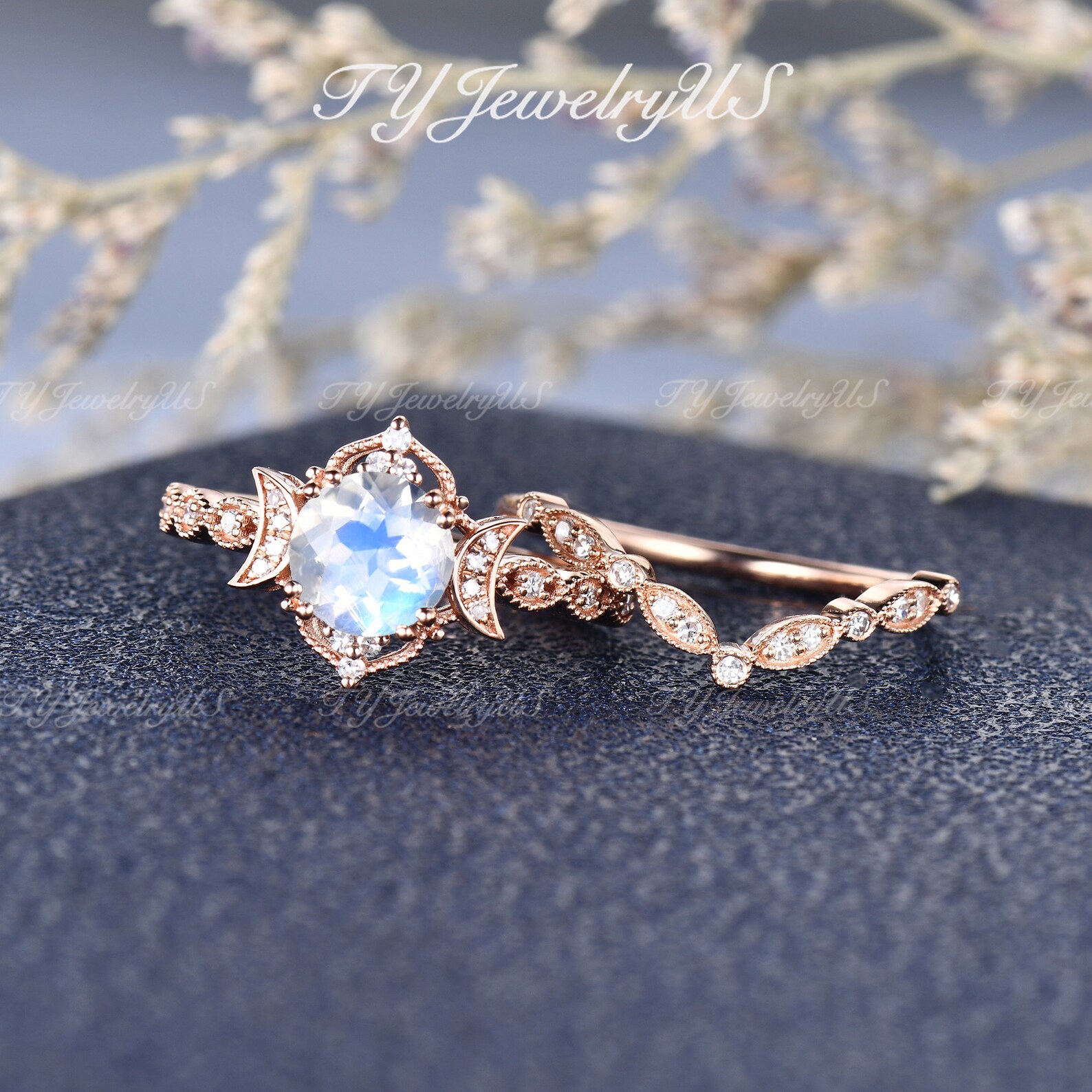 Vintage Moonstone Engagement Ring Set Rose Gold Bridal Ring - Etsy