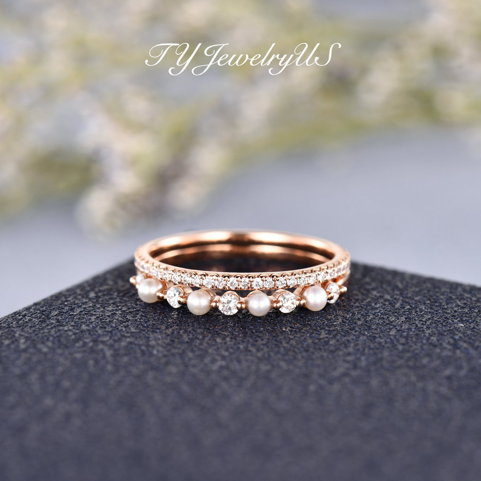 Wedding Bands Woman Pearl Diamond Wedding Band Set Pearl Cluster Ring ...