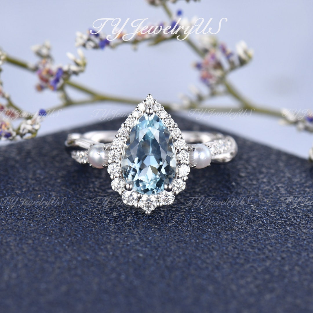 Natural Aquamarine Engagement Ring White Gold Diamond Halo Infinity ...