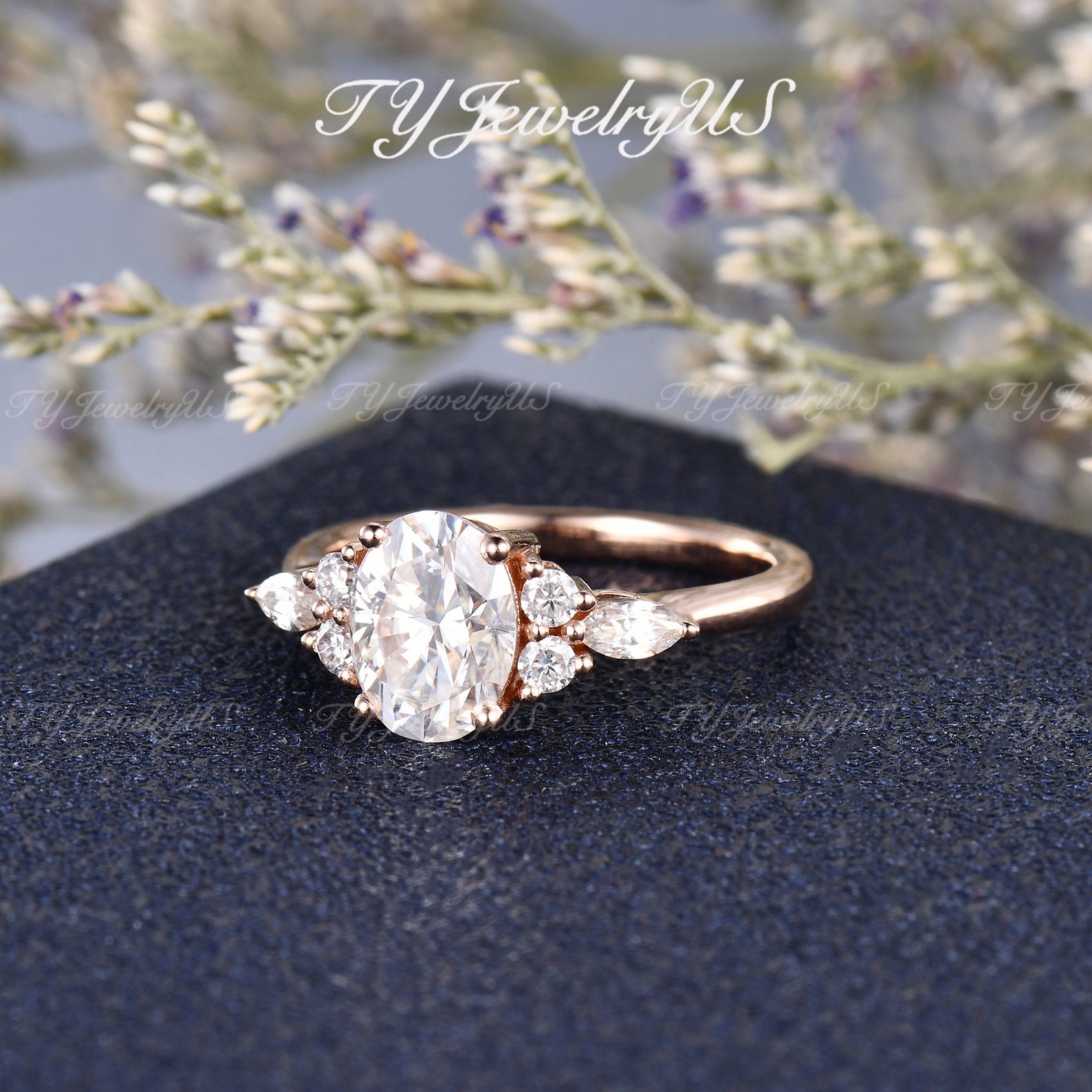 6x8mm Oval Engagement Ring With Side Stones Rose Gold | Etsy