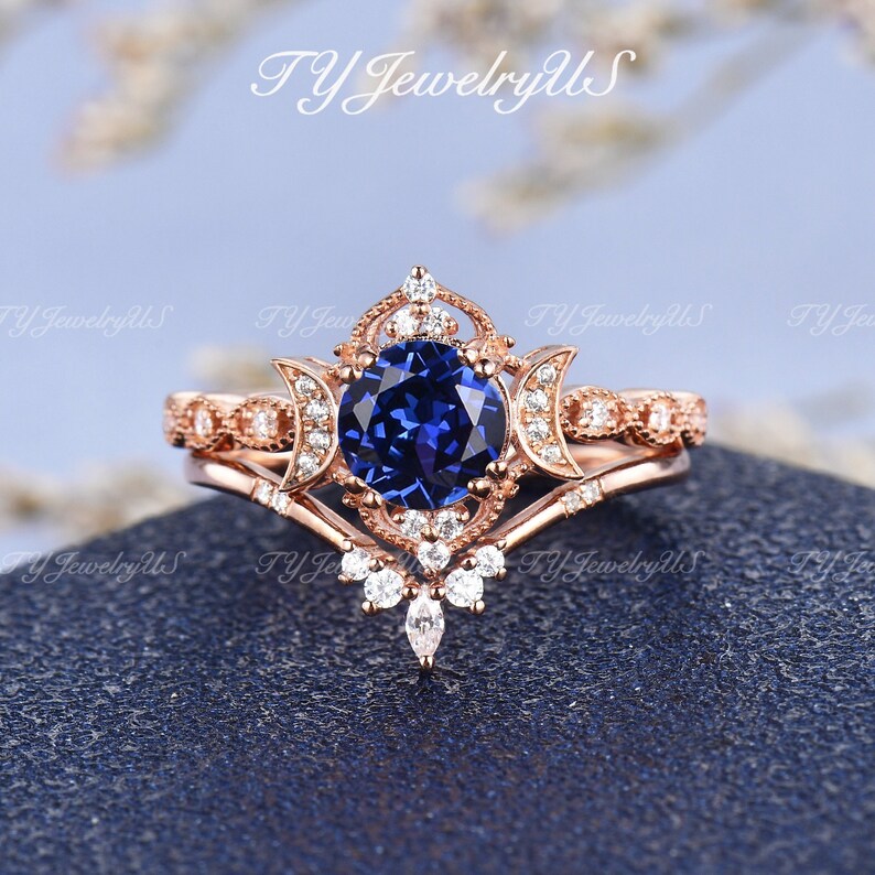 Sailor Moon Sapphire Engagement Ring Set Vine Moon Lab - Etsy