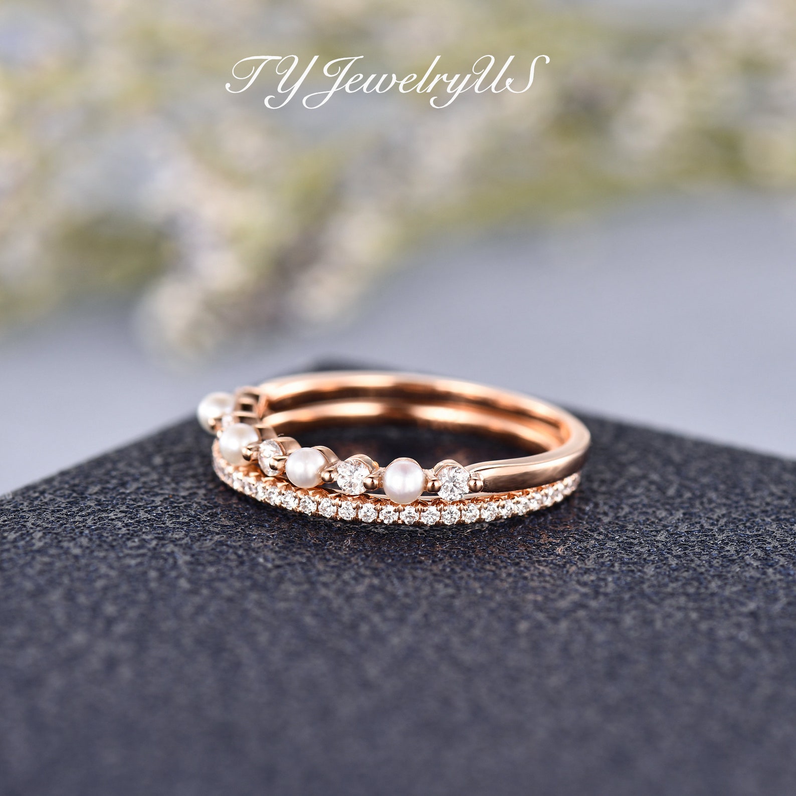 Wedding Bands Woman Pearl Diamond Wedding Band Set Pearl Cluster Ring ...