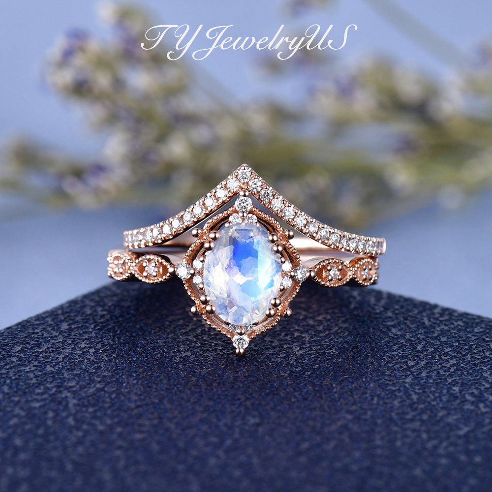 Unique Moonstone Engagement Ring Rose Gold Bridal Set Antique | Etsy